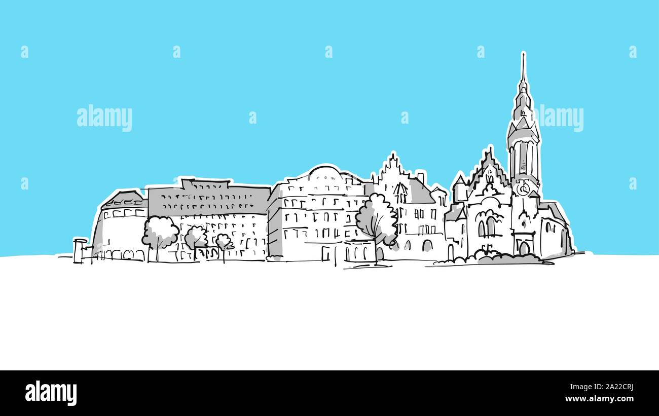 Leipzig Lineart Vector Sketch. and Drawn Illustration on blue ...