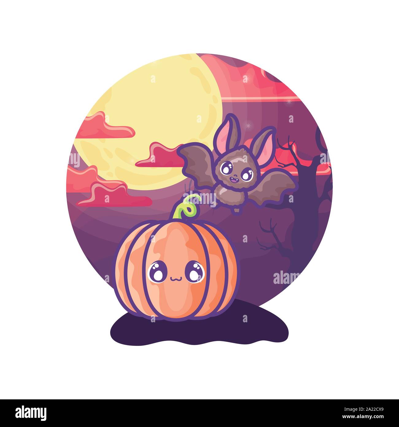 bat flying with pumpkinon halloween scene vector illustration design ...
