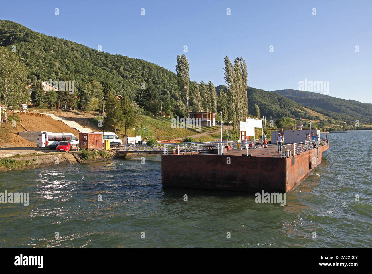 Cruise boat dock and pier on the Tekija harbour on the Serbian bank of ...