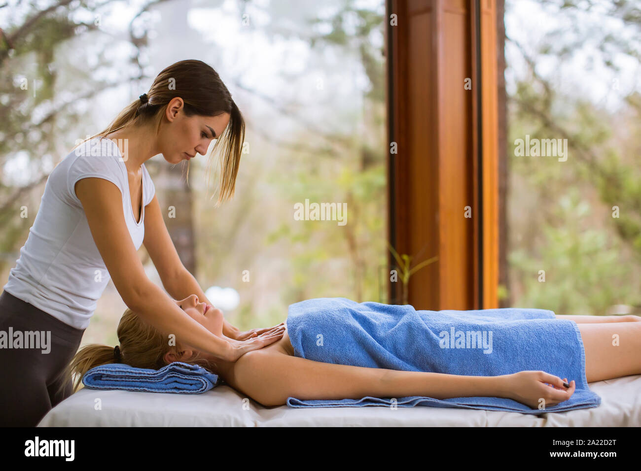 Beautiful young woman relaxing with hand massage at beauty spa Stock ...