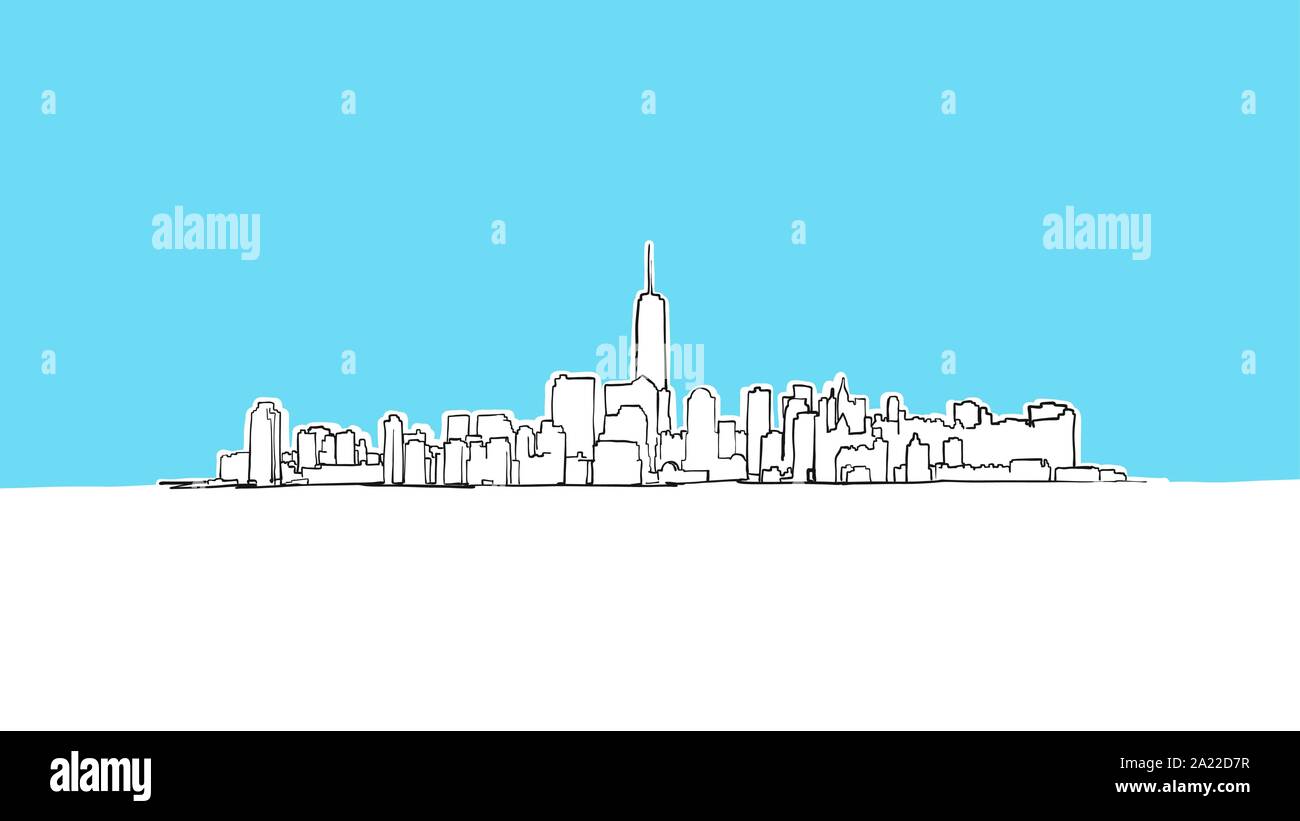 New York City Lineart Vector Sketch. and Drawn Illustration on blue ...