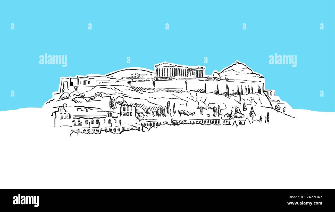 Athens Acropolis Landmark Lineart Vector Sketch. and Drawn Illustration ...
