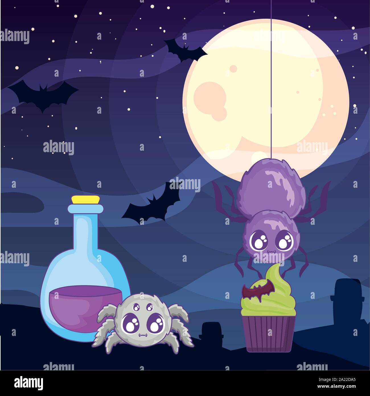 creepy spiders animals on halloween scene vector illustration design ...