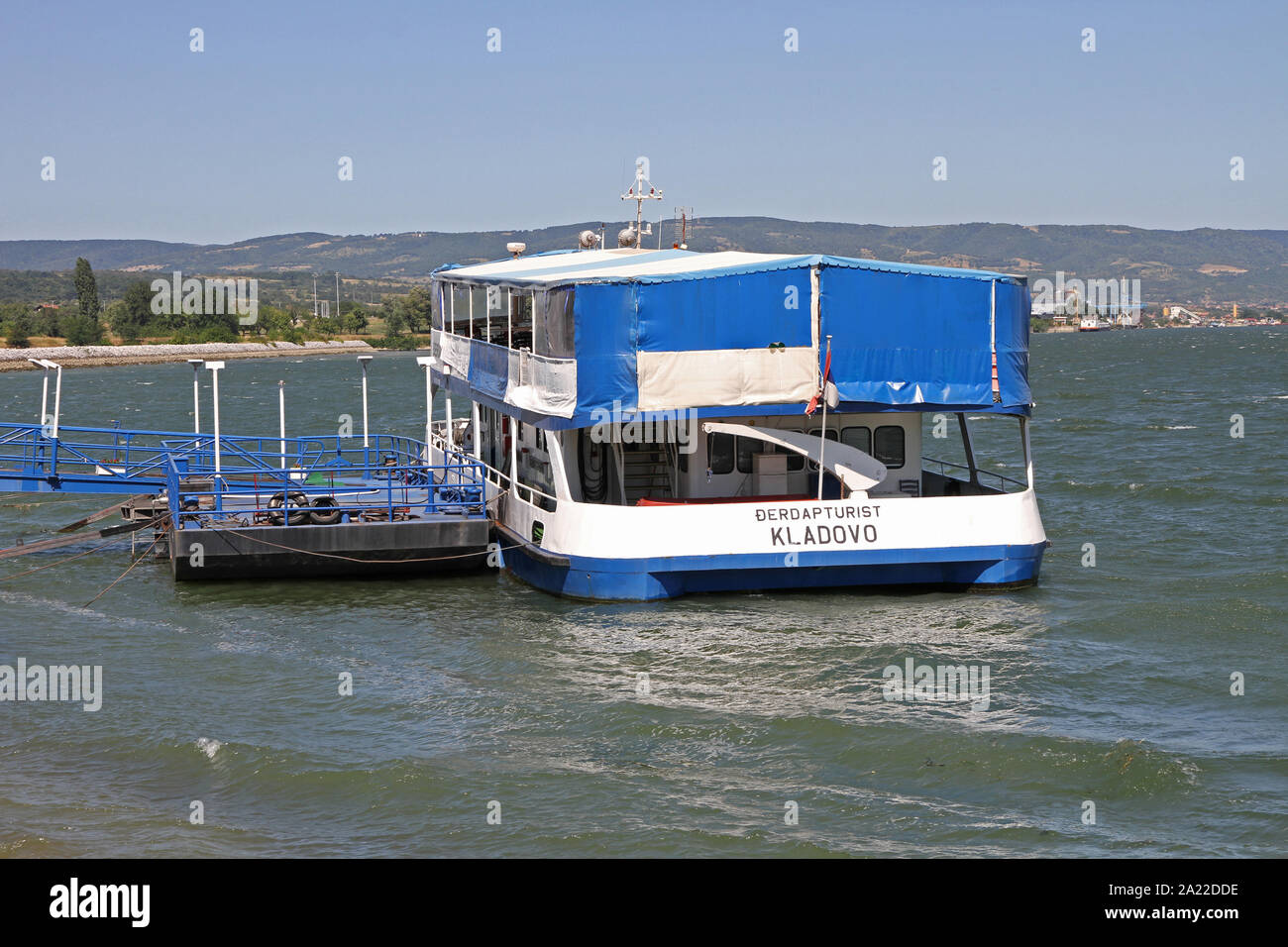 Tourist boat called Derdapturist Kladovo docked on a loading pier on ...