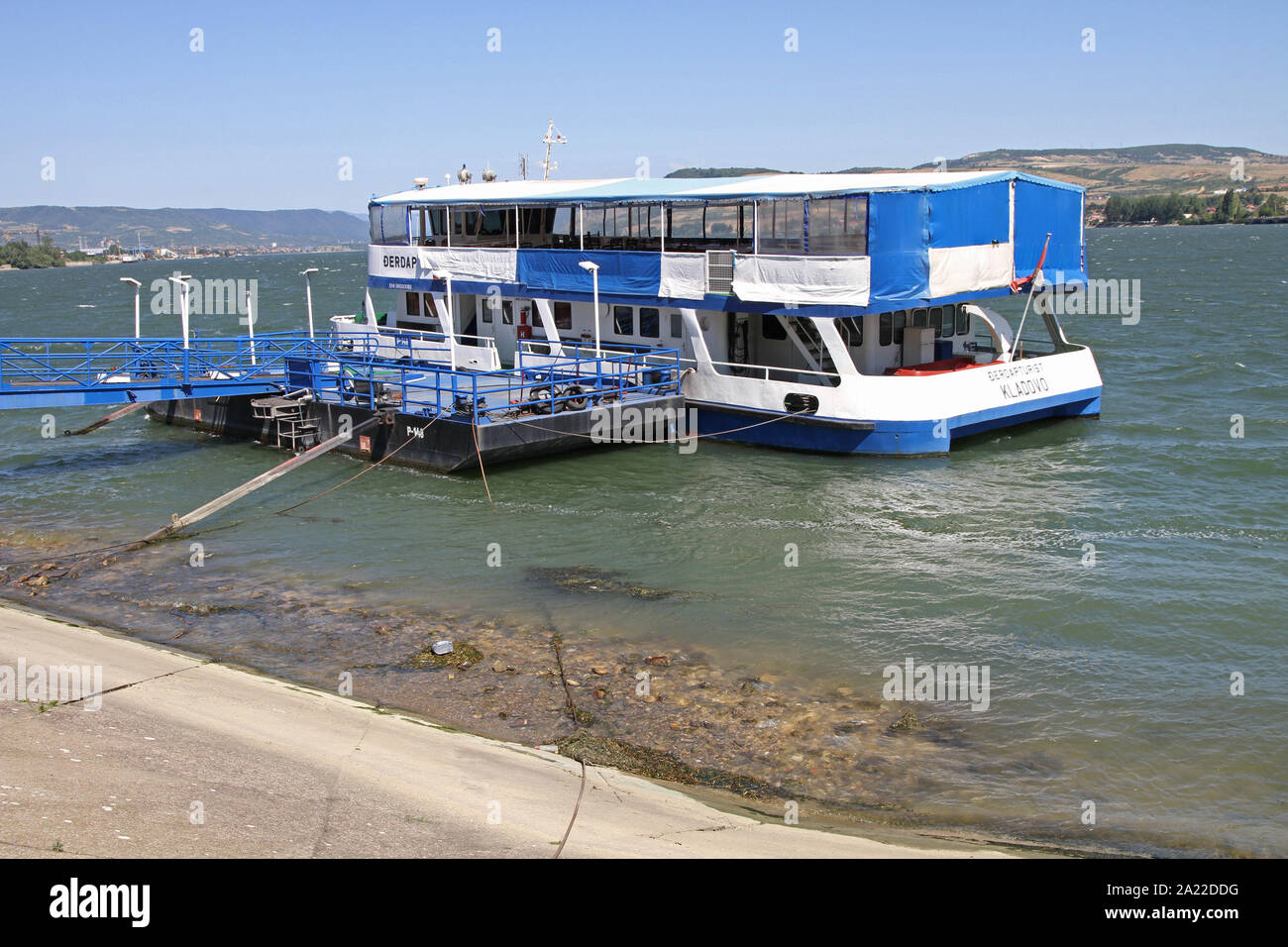 Tourist boat called Derdapturist Kladovo docked on a loading pier on ...