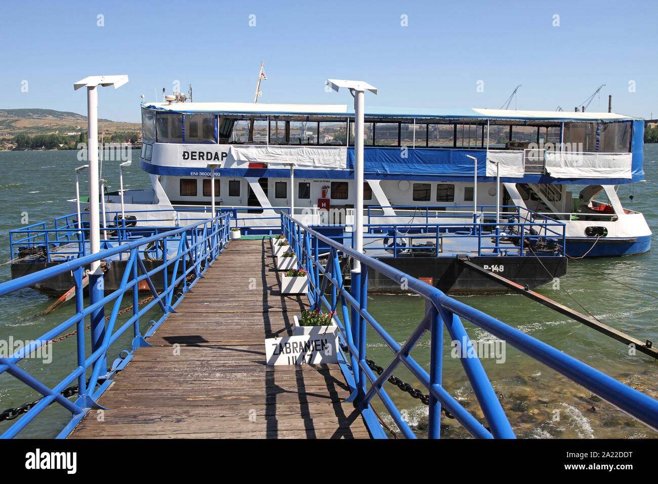 Tourist boat called Derdapturist Kladovo docked on a loading pier on ...