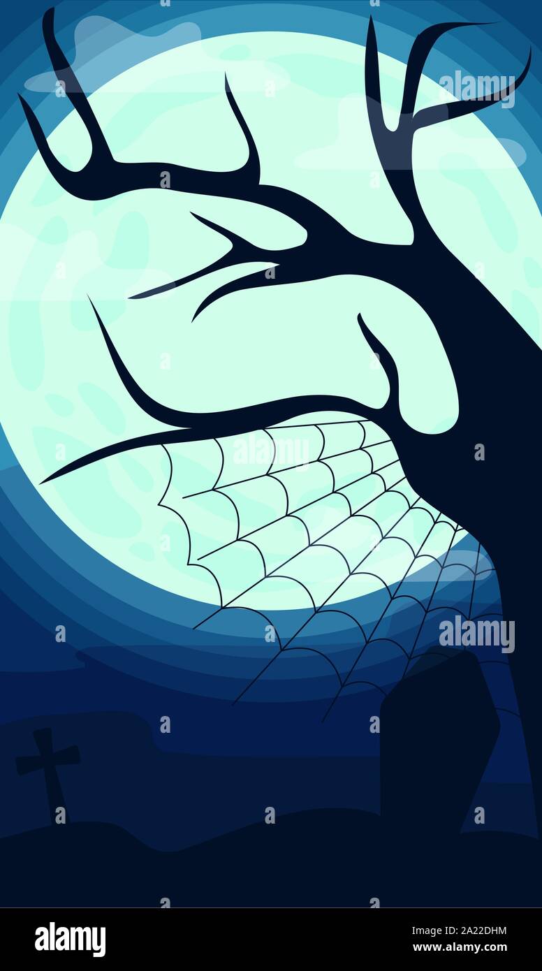 creepy landscape of night halloween with full moon vector illustration ...