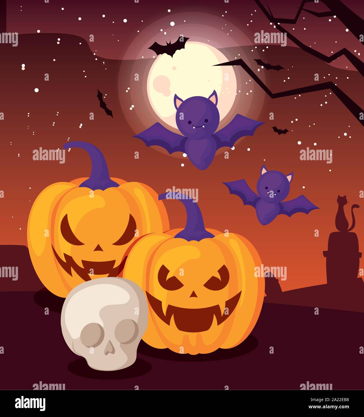 bat flying with pumpkinon halloween scene vector illustration design ...
