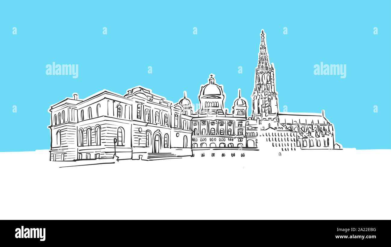 Bern Switzerland Lineart Vector Sketch. and Drawn Illustration on blue ...