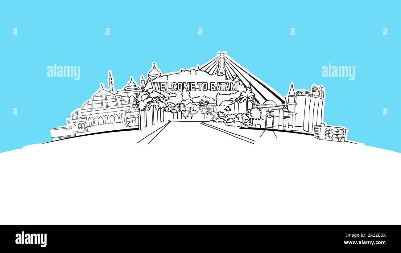 Batam Indonesia Lineart Vector Sketch. and Drawn Illustration on blue ...