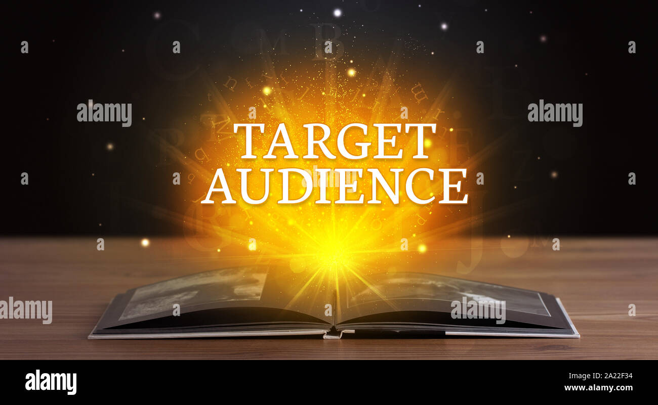 TARGET AUDIENCE inscription coming out from an open book, educational ...