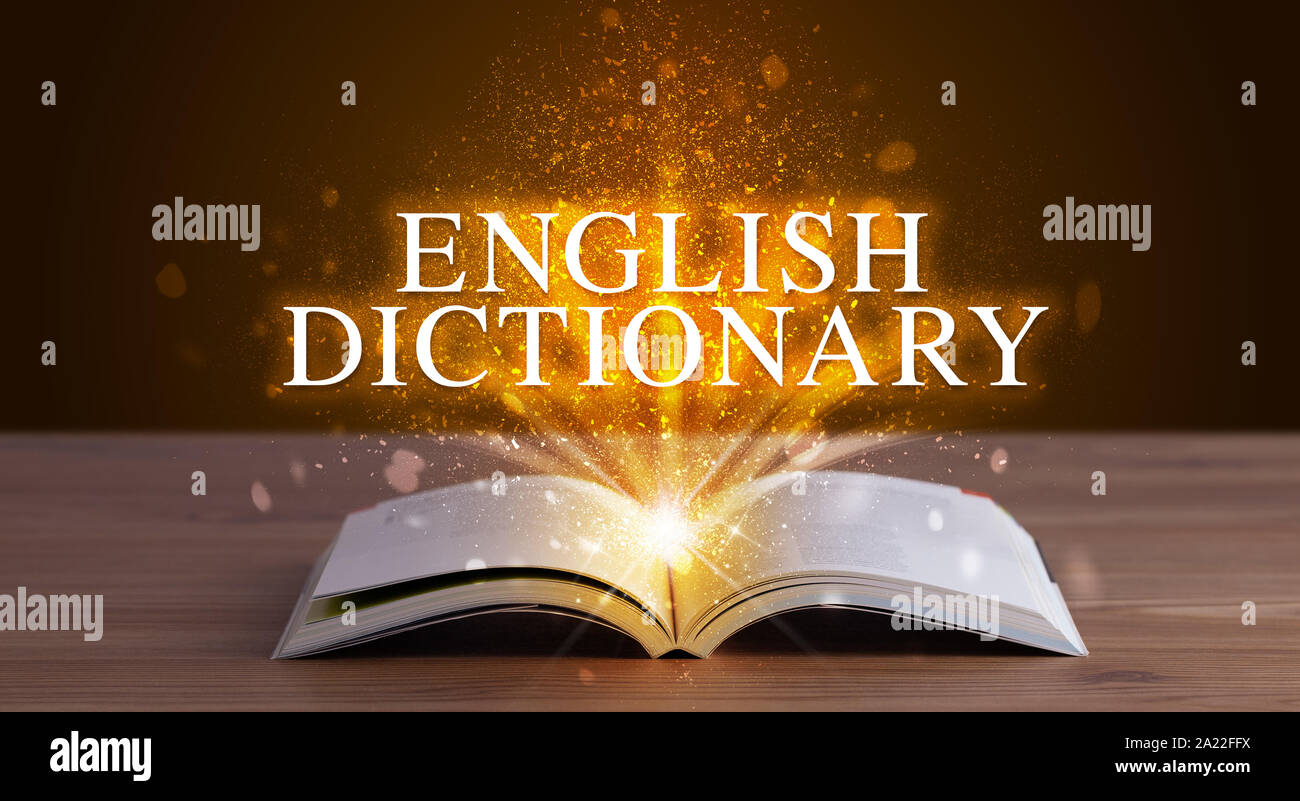 ENGLISH DICTIONARY inscription coming out from an open book ...