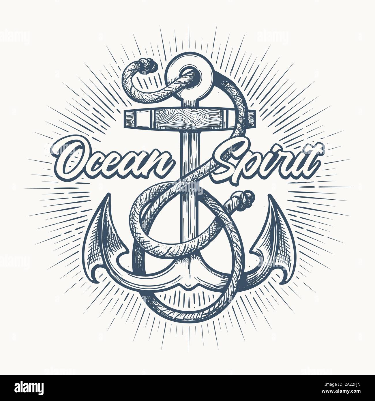 Nautical Anchor with rope and wording Ocean Spirit. Hand Drawn Sketch ...