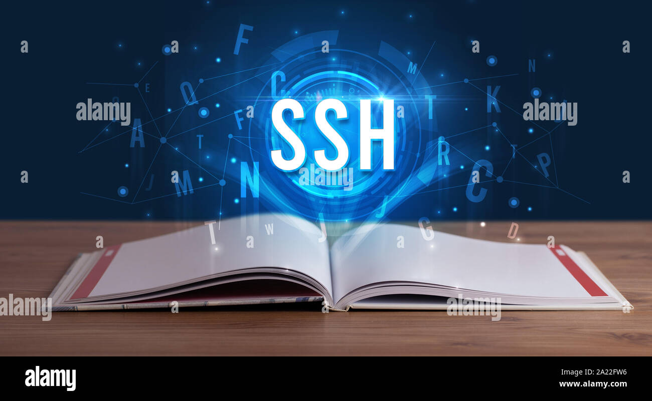 SSH inscription coming out from an open book, digital technology ...
