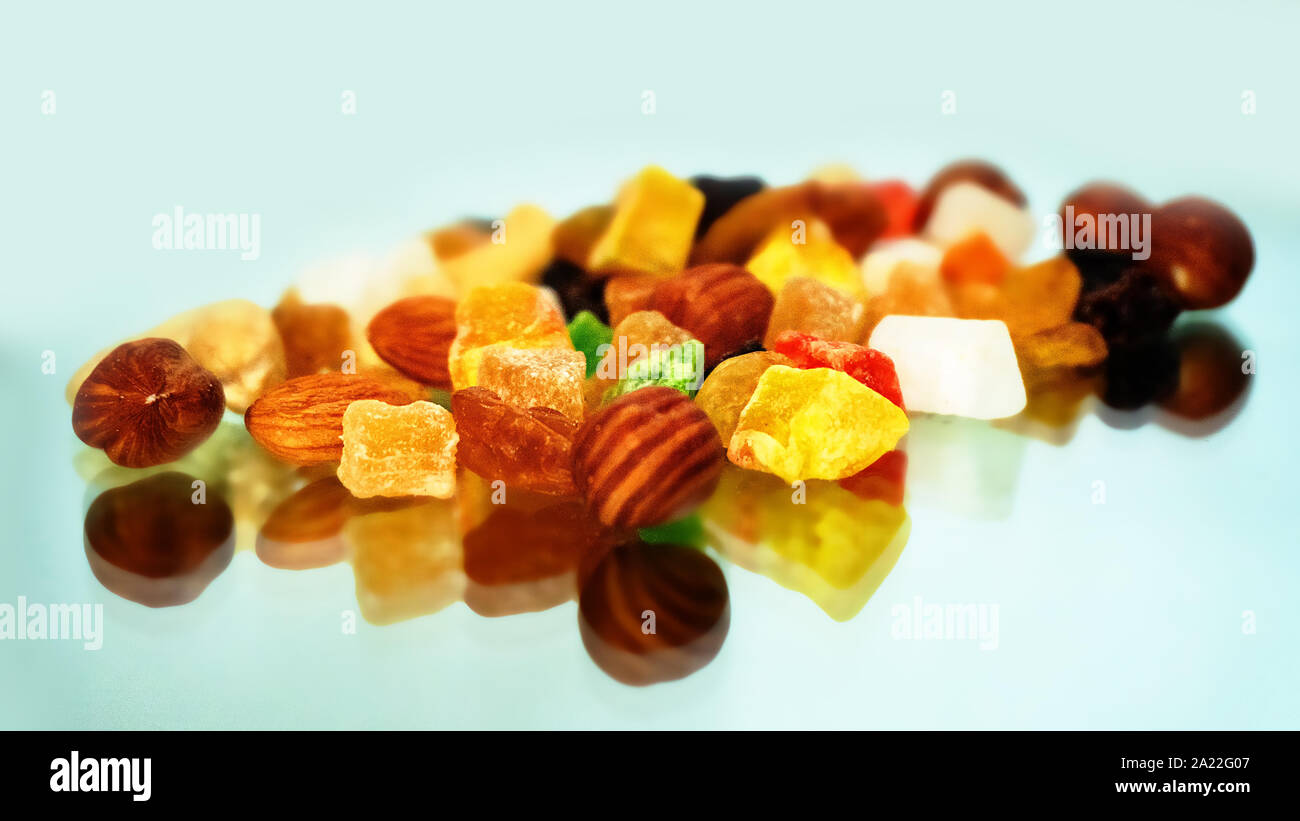 Tutti frutti. Mix of dry fruits (raisins, citron, mango) and nuts ...