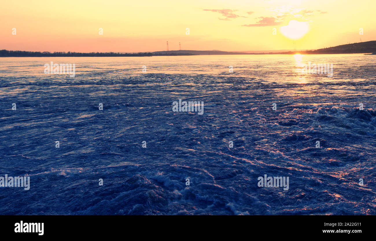 Downstream of the dam (ebb side of a dam) on the Volga river, Russia ...