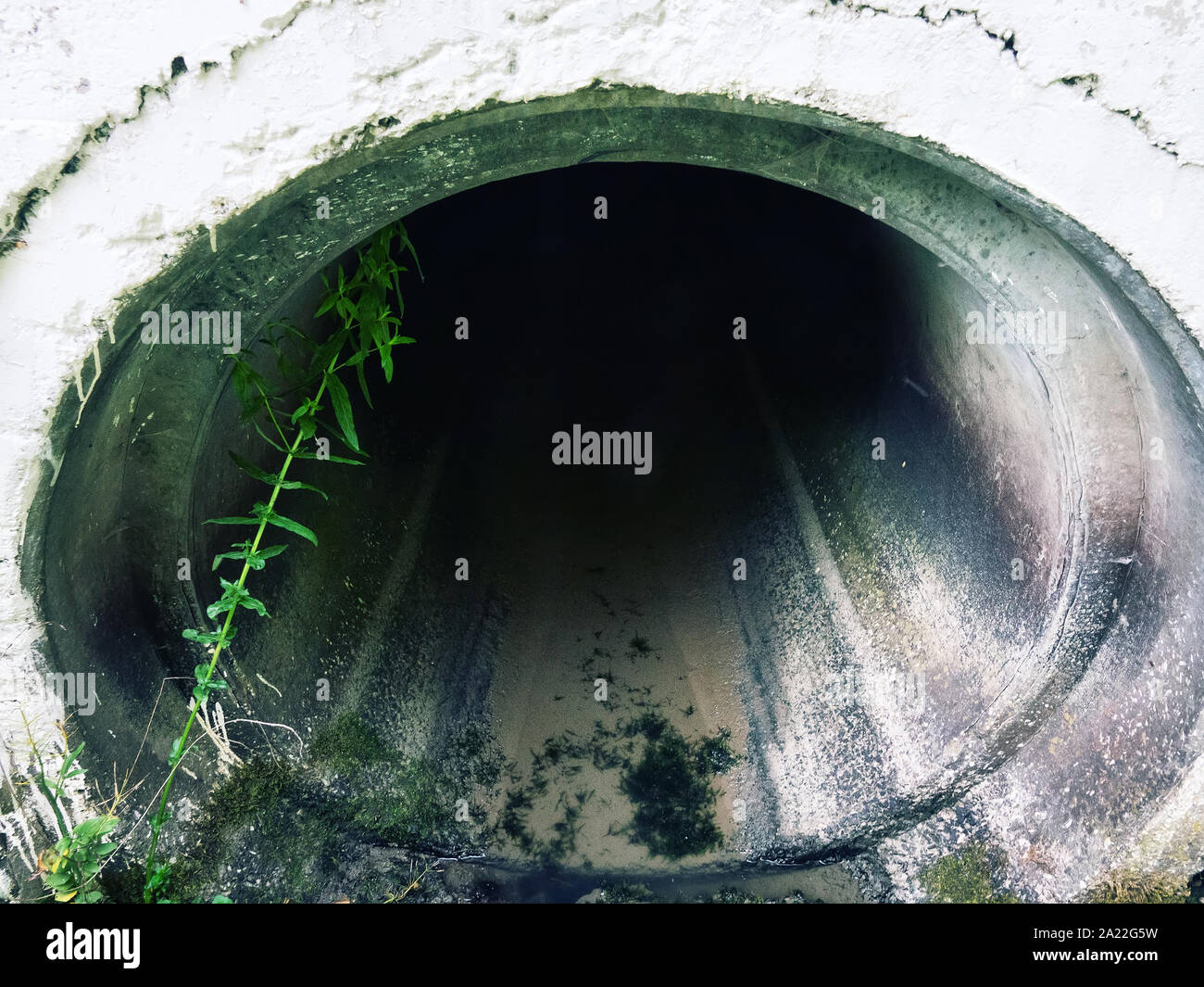 Drainage pipe under the highway (culvert). Filming inside the pipe ...