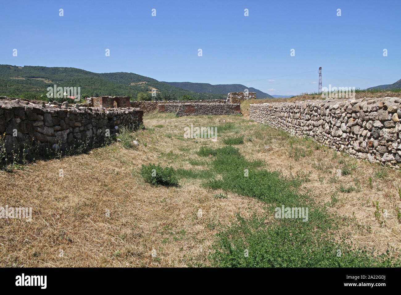 Walls inside the Diana Roman Castrum Fortress, cliffs of the Djerdap ...