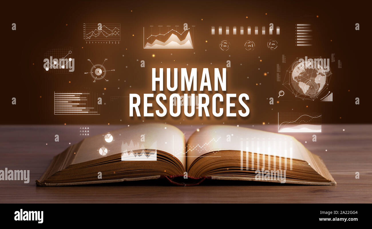 HUMAN RESOURCES inscription coming out from an open book, creative ...
