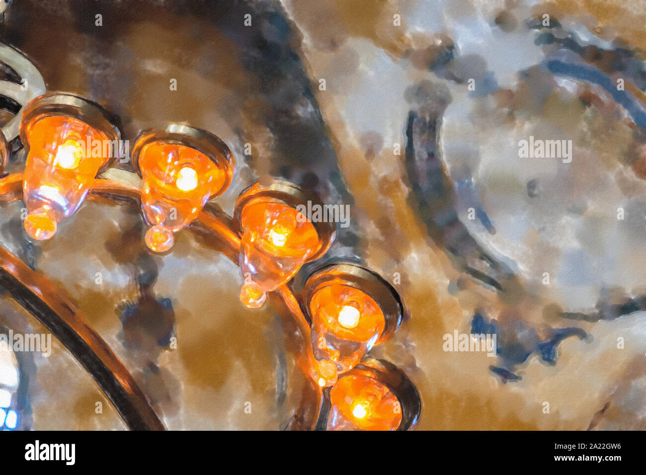 watercolor illustration: Part of a modern electric chandelier with warm ...