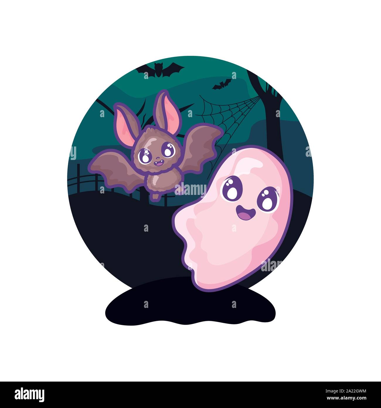 bat flying with ghost on halloween scene vector illustration design ...