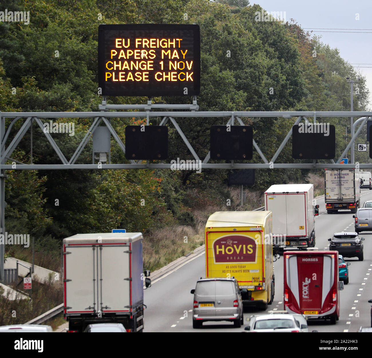 A matrix sign over the M3 motorway near Camberley, Surrey, warms ...