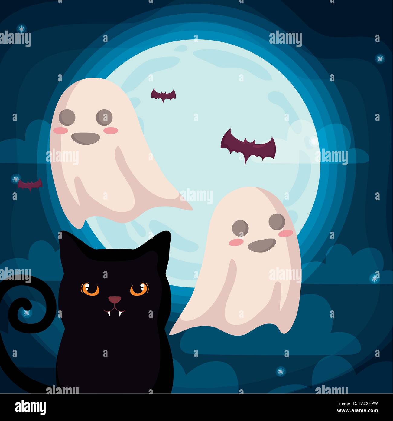 cute cat with ghosts on halloween scene vector illustration design ...