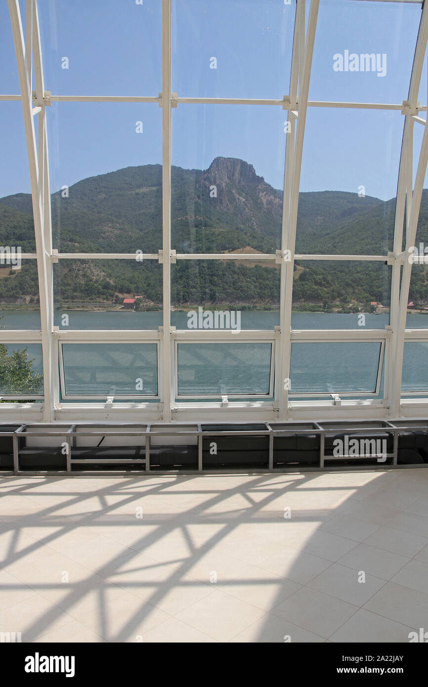 White steel framed glass with view of Danube River and Svinita Romanian ...