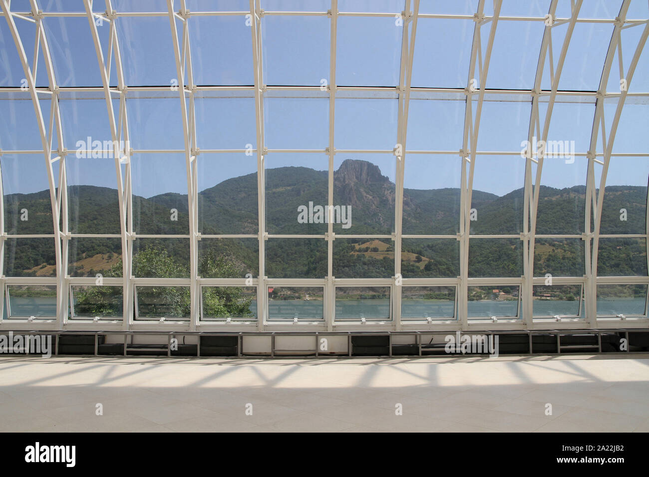 White steel framed glass with view of Danube River and Svinita Romanian ...