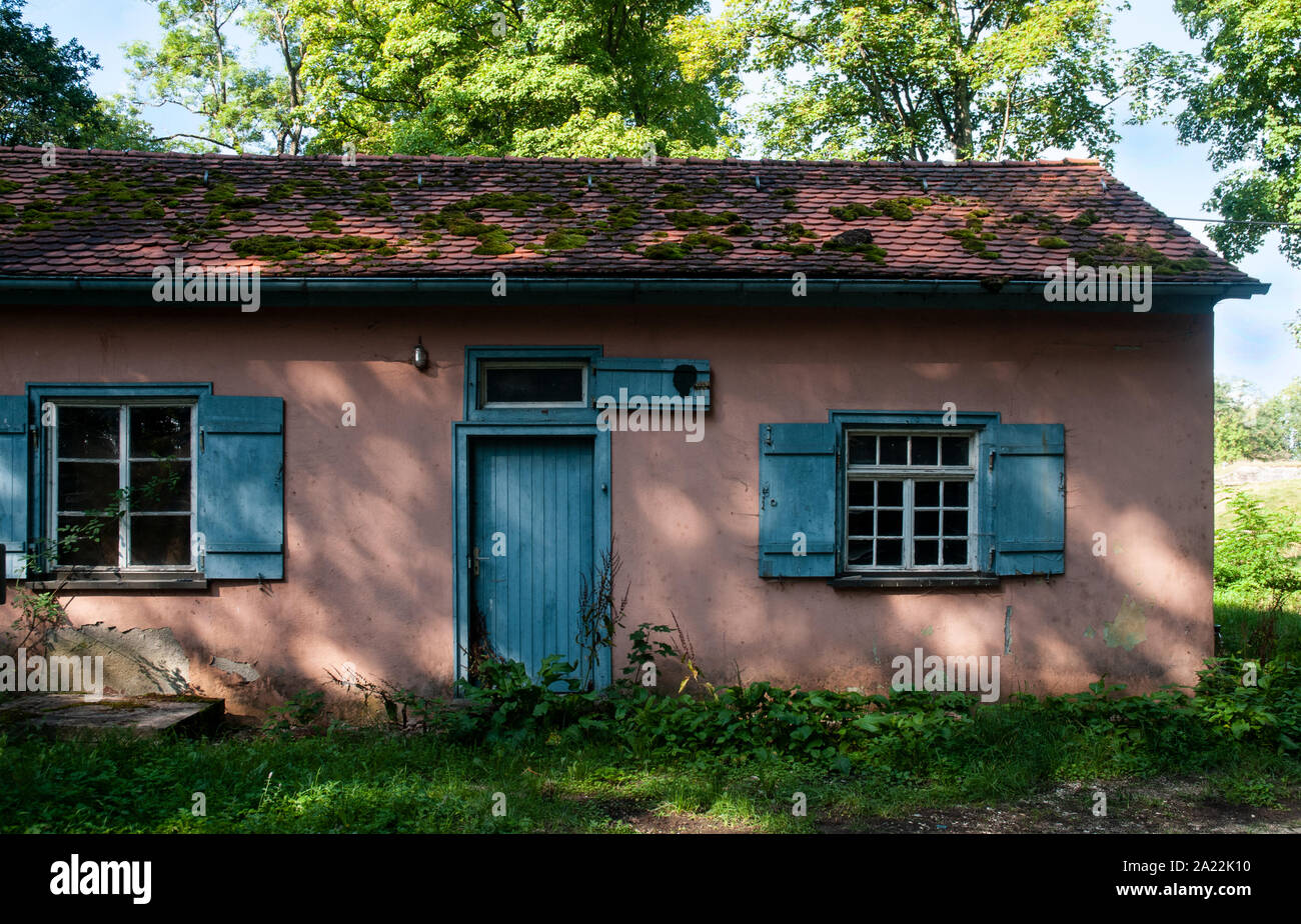 empty old house standing in forest under trees with wooden blue door ...