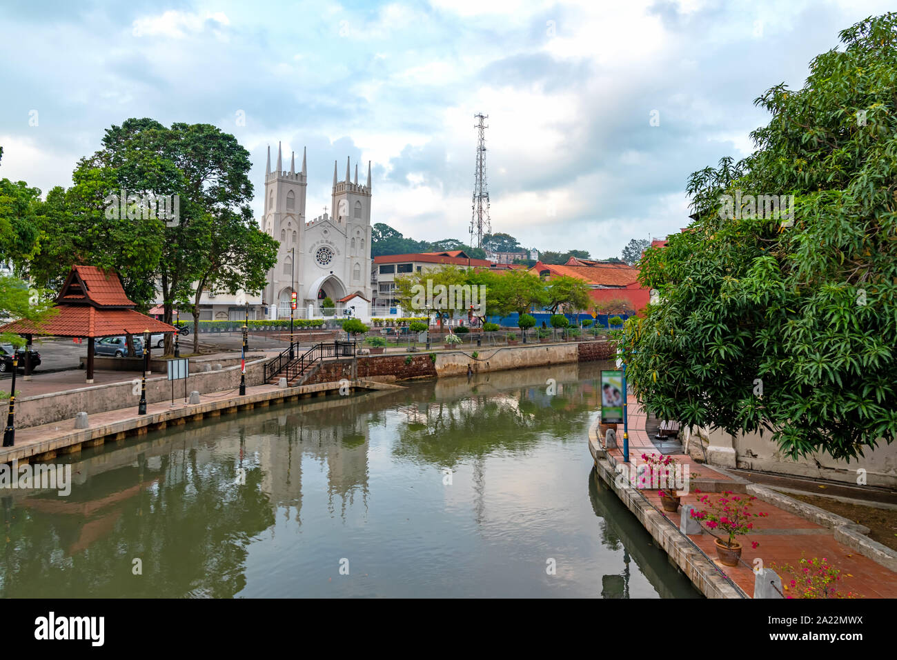 Day time view of the old town of Malacca city and the Malacca river. It ...