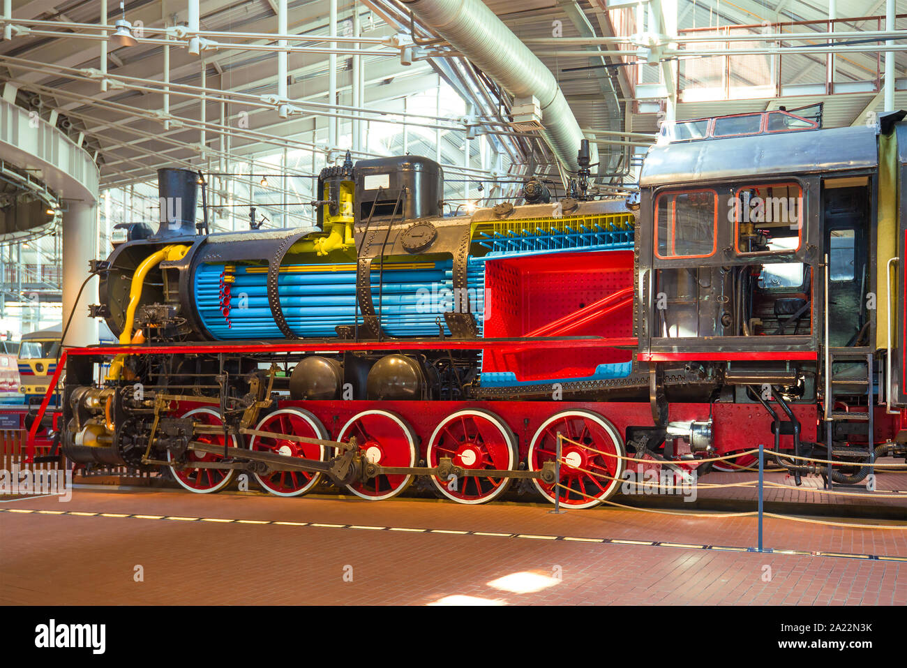 ST. PETERSBURG, RUSSIA - AUGUST 16, 2018: Old steam locomotive in a ...