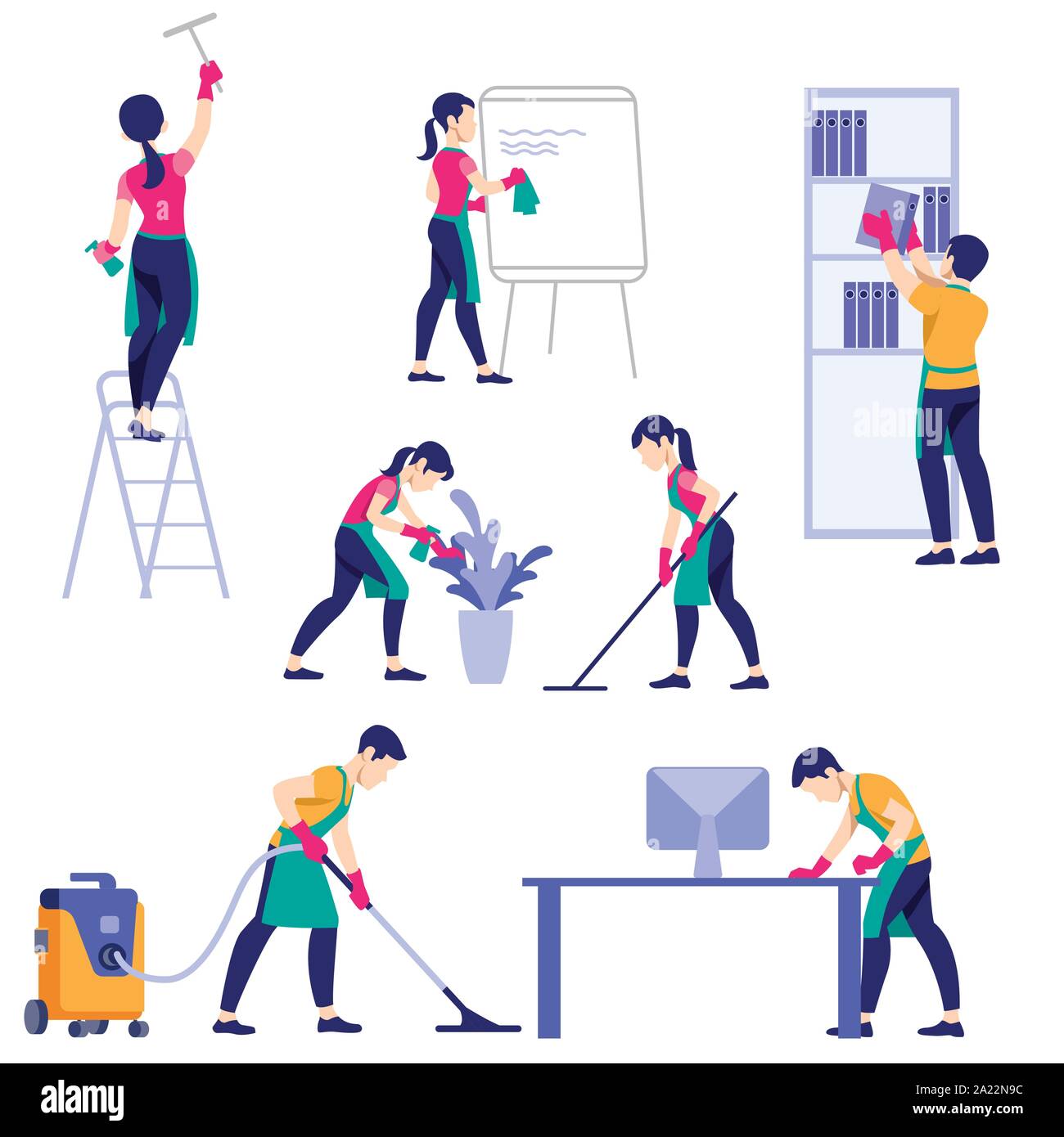 Set of cleaning company staff different poses. A man with a vacuum ...