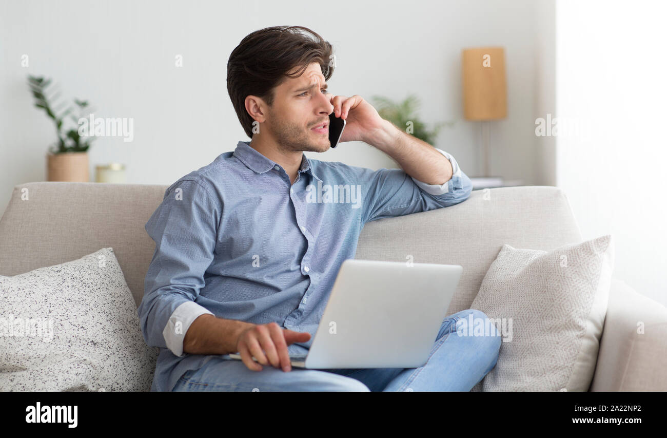 Customer Support Concept. Discontented Man Complaining By Phone About ...