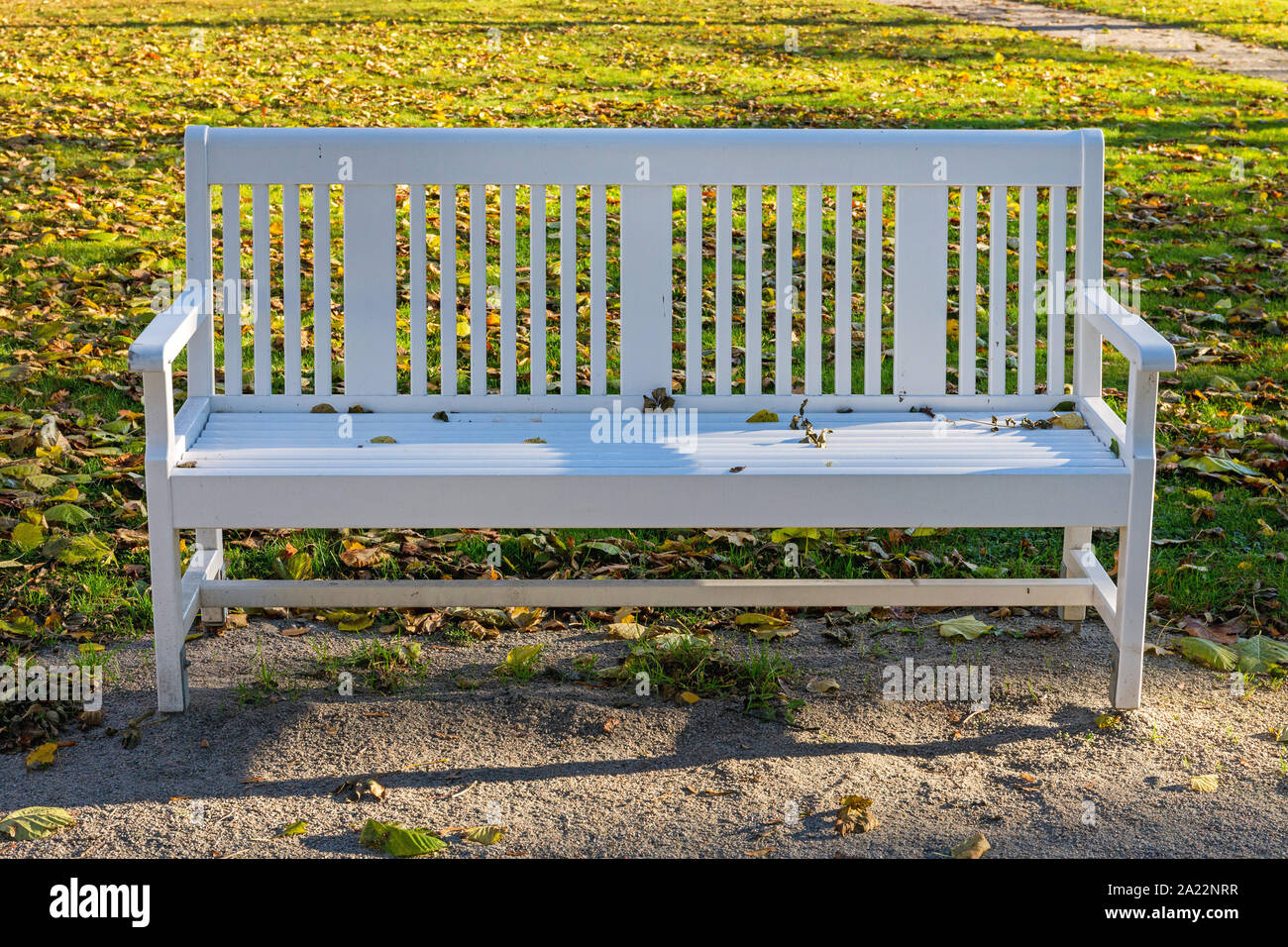 One White Bench in Park Autumn Norway Stock Photo - Alamy