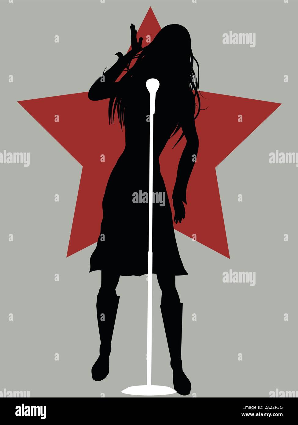 Black Silhouette Of Female Singer With Microphone Over Gray Background ...