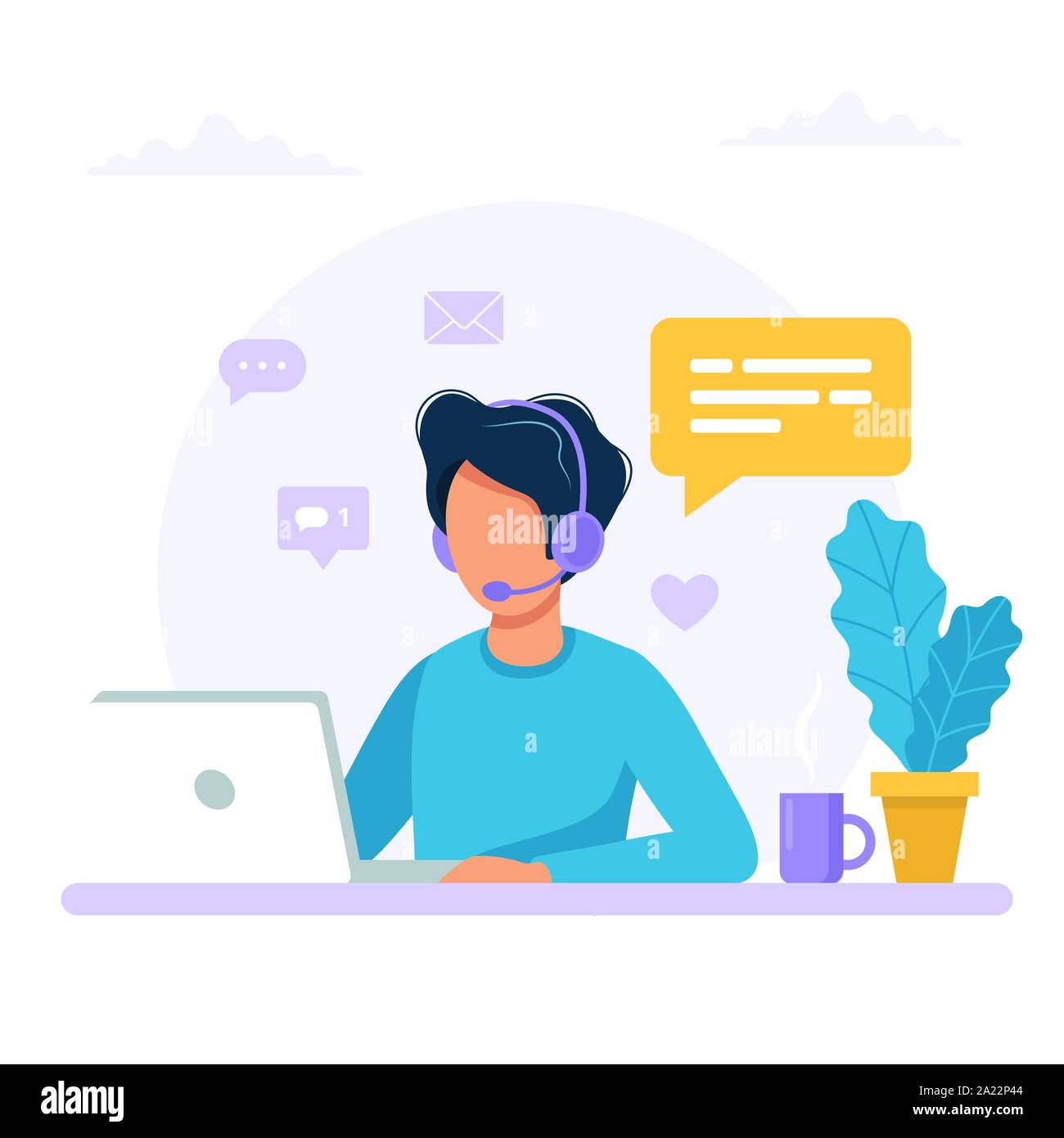 Contact us. Man with headphones and microphone with computer. Concept ...