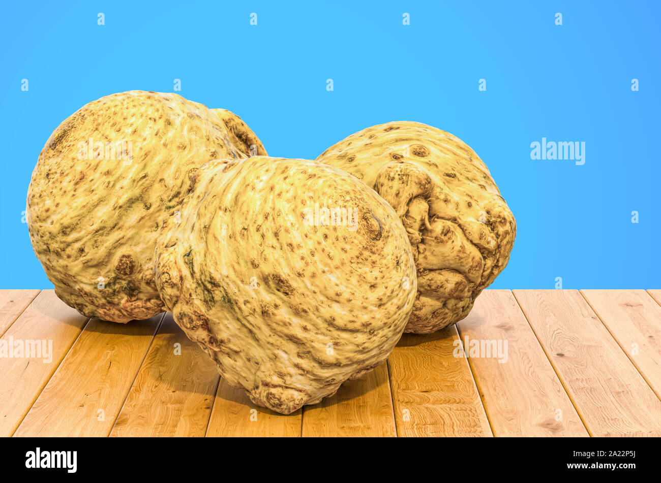 Celery roots close-up 3d rendering with realistic texture on the wooden ...