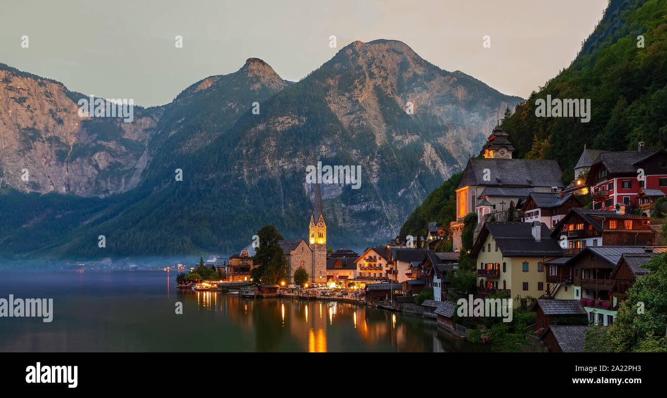 Amazing cityscape from Hallstatt Austria with Alps and lake Hallstatt ...
