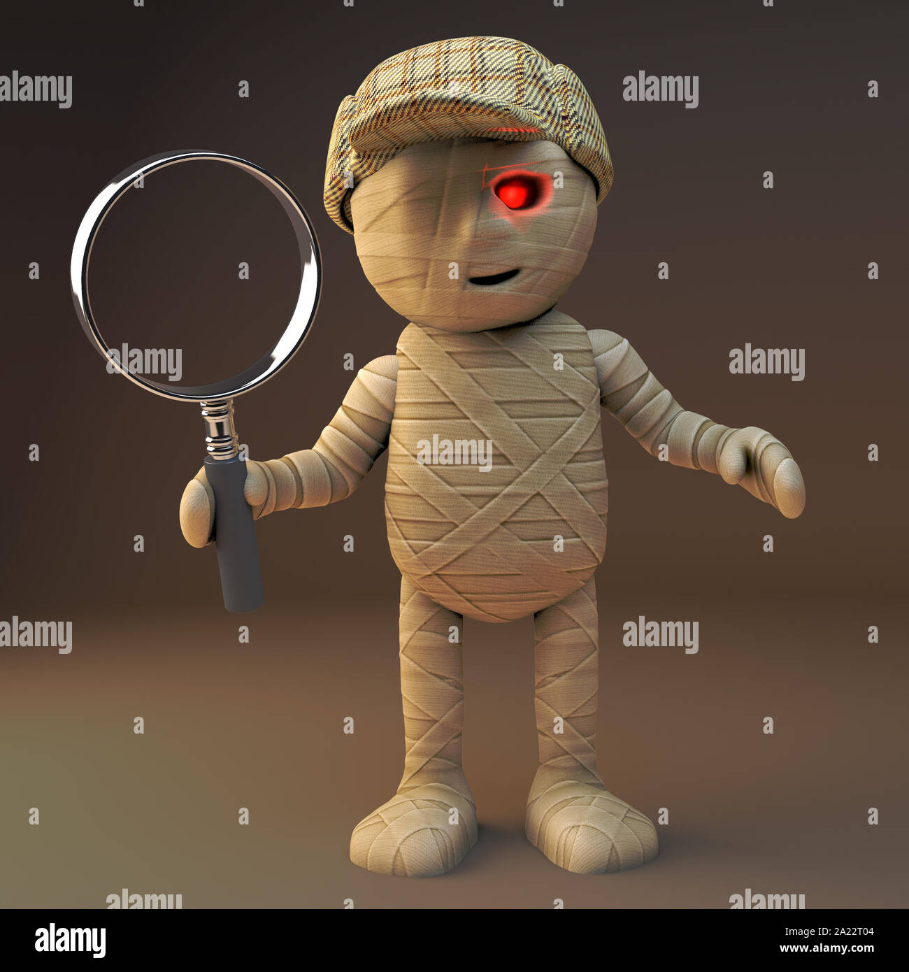 Cartoon 3d Egyptian mummy monster holding a magnifying glass and ...