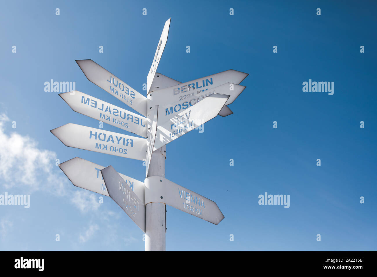 Destination signs to several famous cities, Tahtali, Kemer, Antalya ...