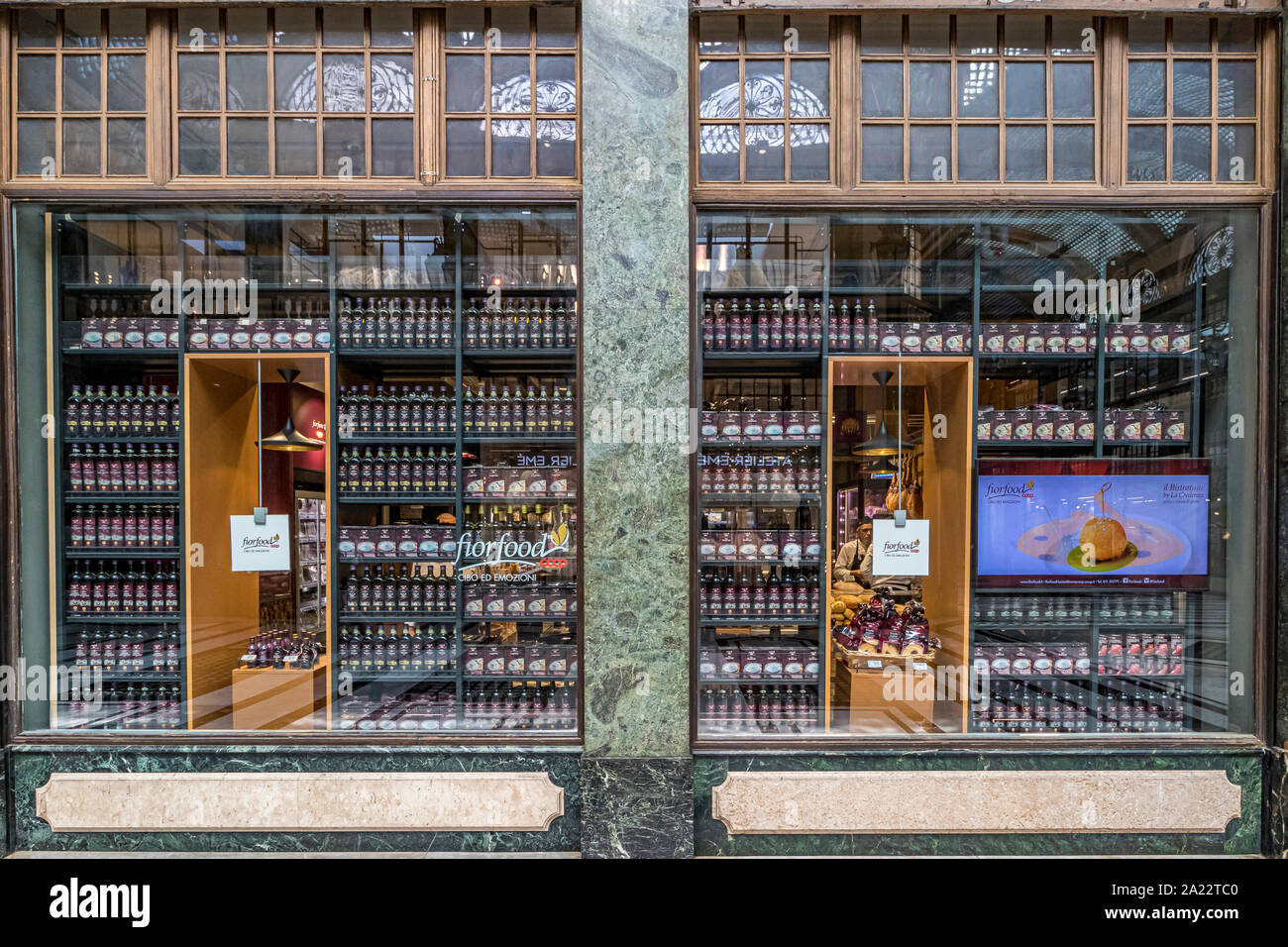 Wine bottles in a shop window inside the art deco, glass ceilinged ...