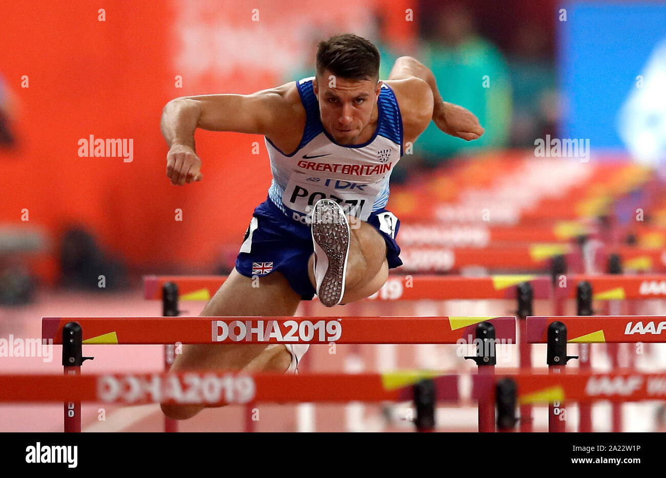 Great Britain's Andrew Pozzi competes in the 3rd heat of the men's 110 ...