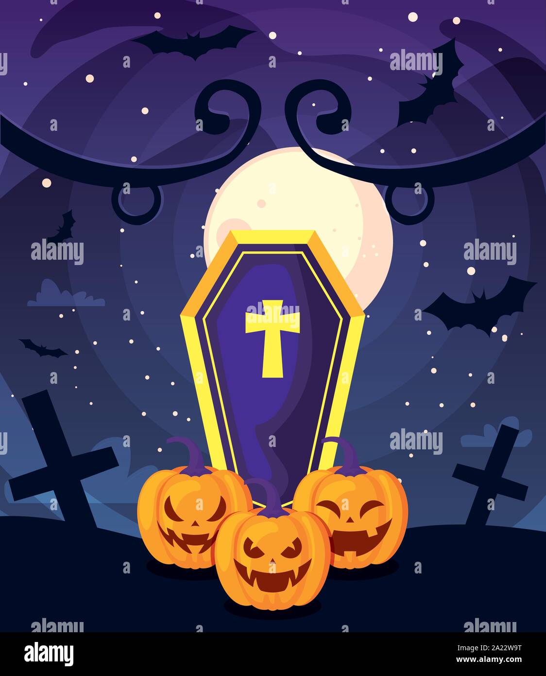 coffin with christian cross on cemetery scene vector illustration ...