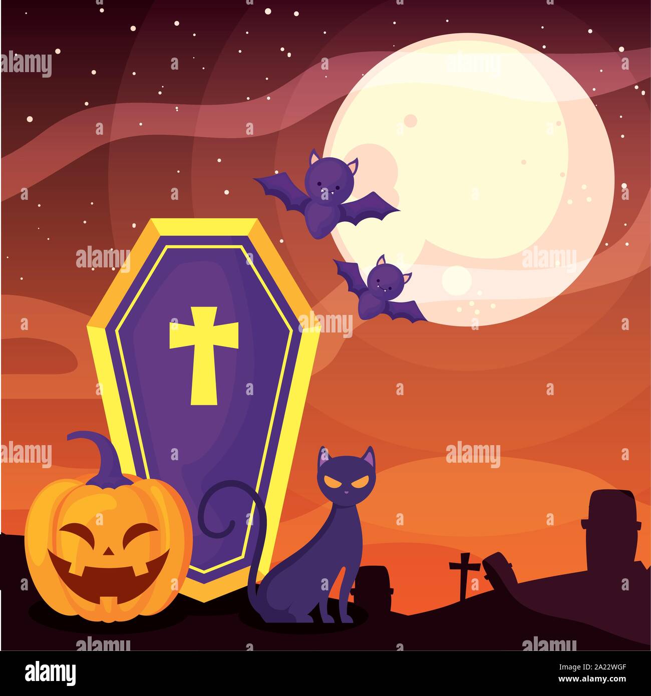 coffin with christian cross on cemetery scene vector illustration ...