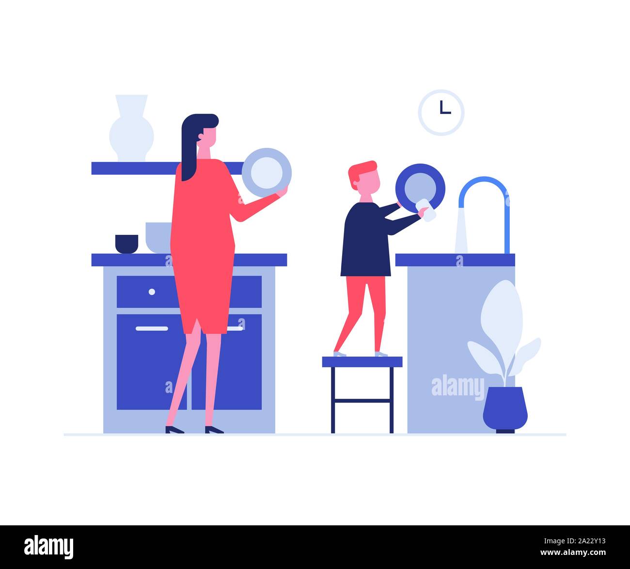 Mother And Son Washing Dishes Flat Vector Illustration Stock Vector