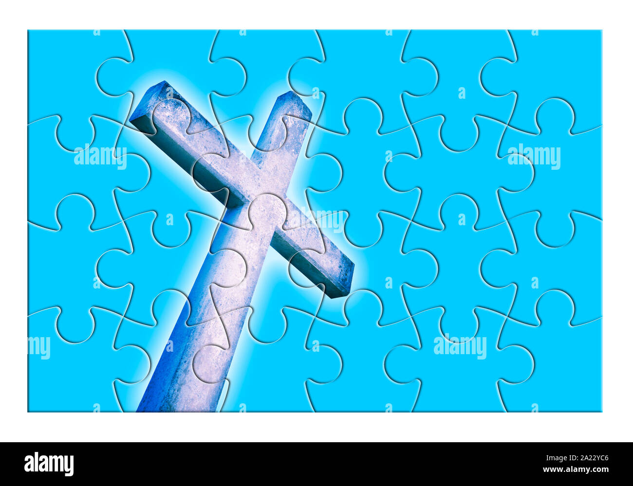 Rebuild or losing our faith - Christian cross concept image in jigsaw ...
