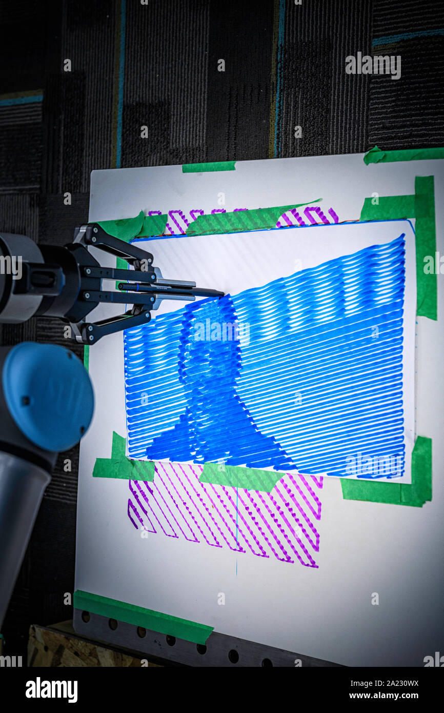 Robotic arm creating a portrait on paper from a digital file Stock ...