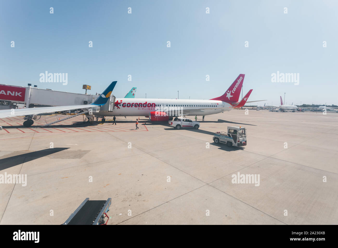 View from the airplane window to the airport of Antalya with a corendon ...