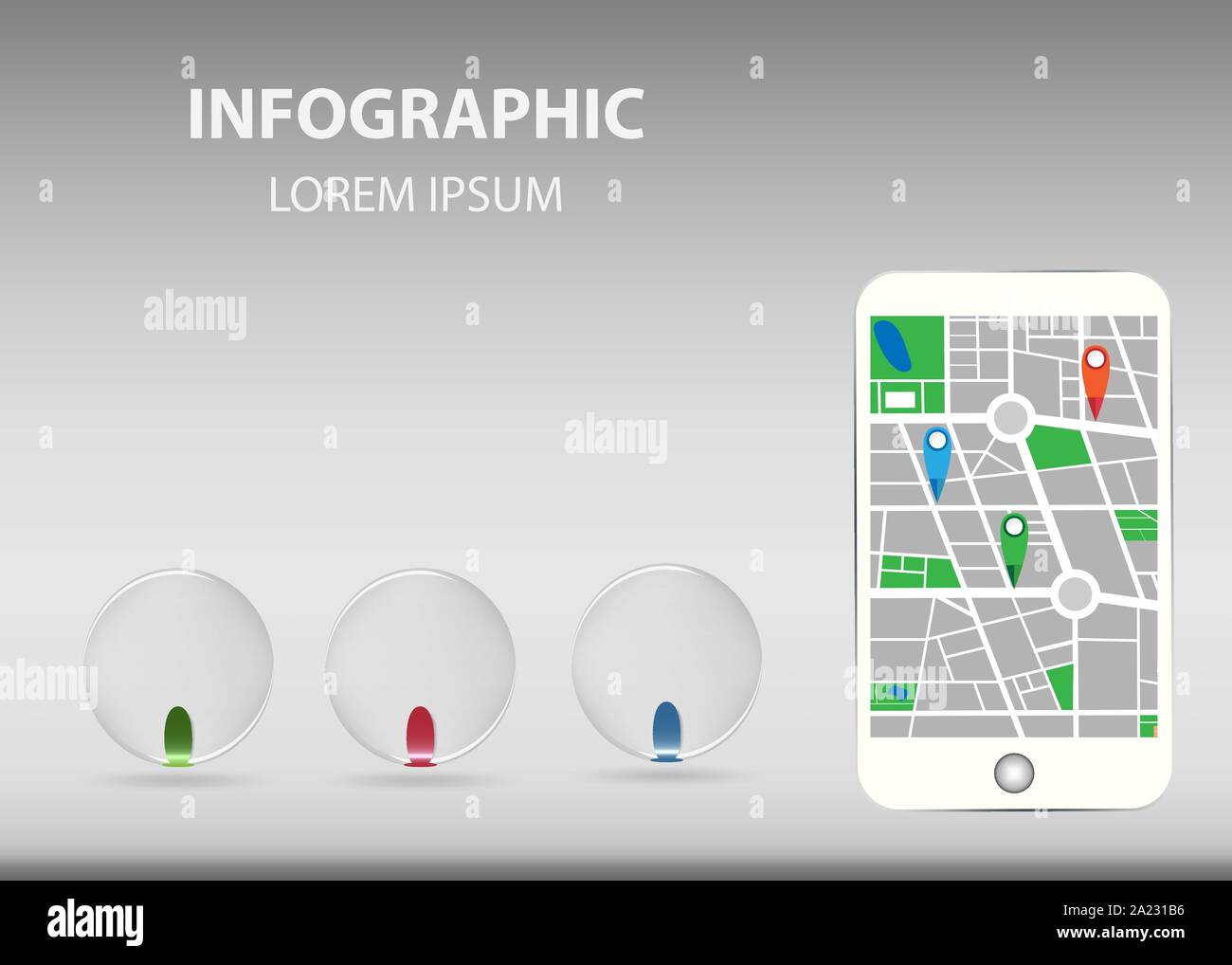Smart phone showing a city map with a three points of interest. Set of ...